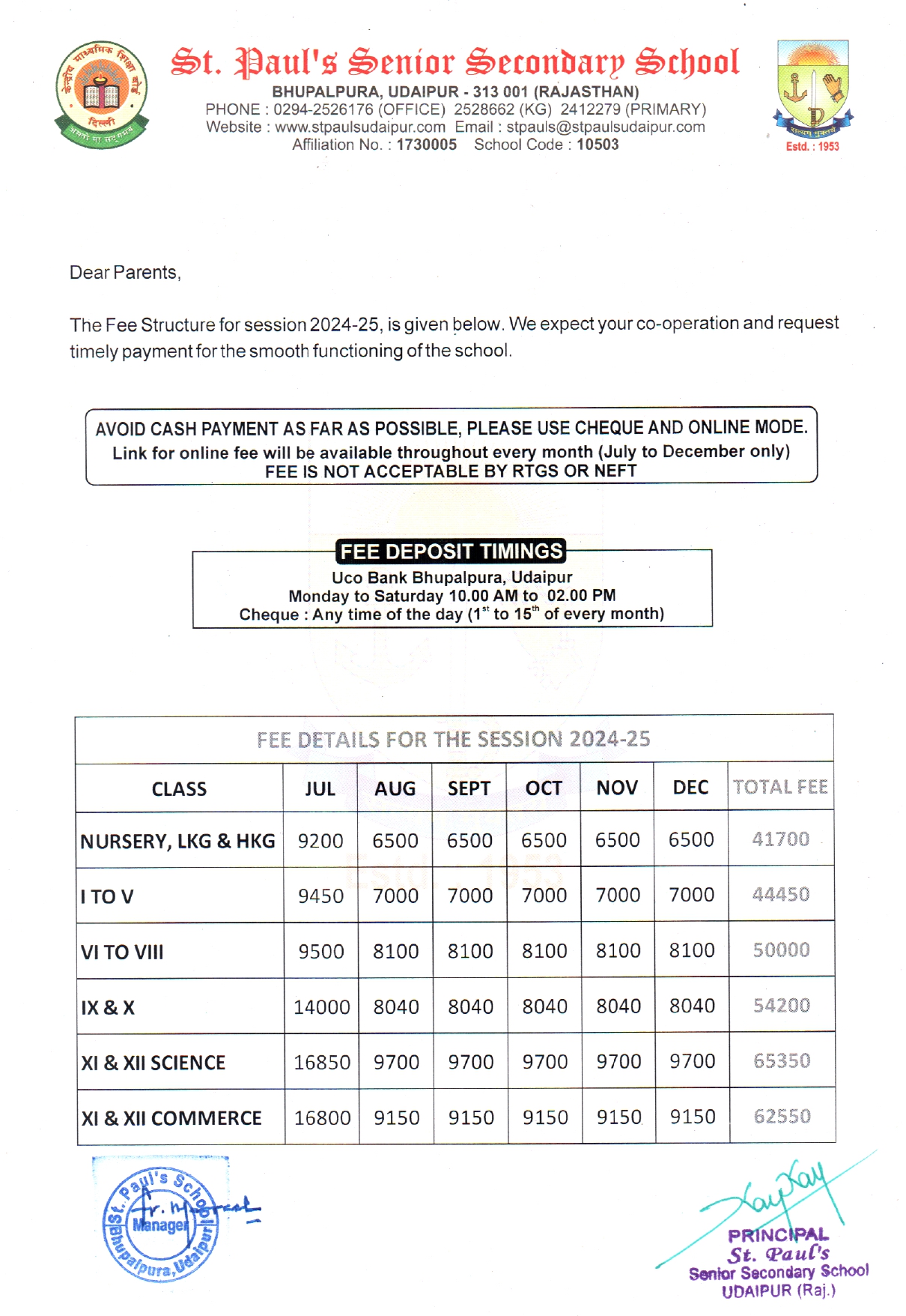 St. Paul's School :: Fee Details